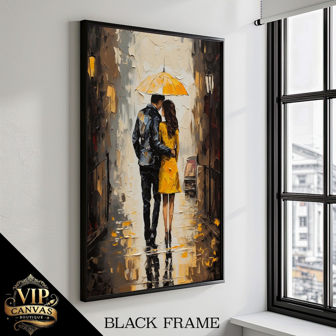 Romantic Stroll in the Rain: Textured Canvas Painting of a Couple Under Yellow Umbrella ...
