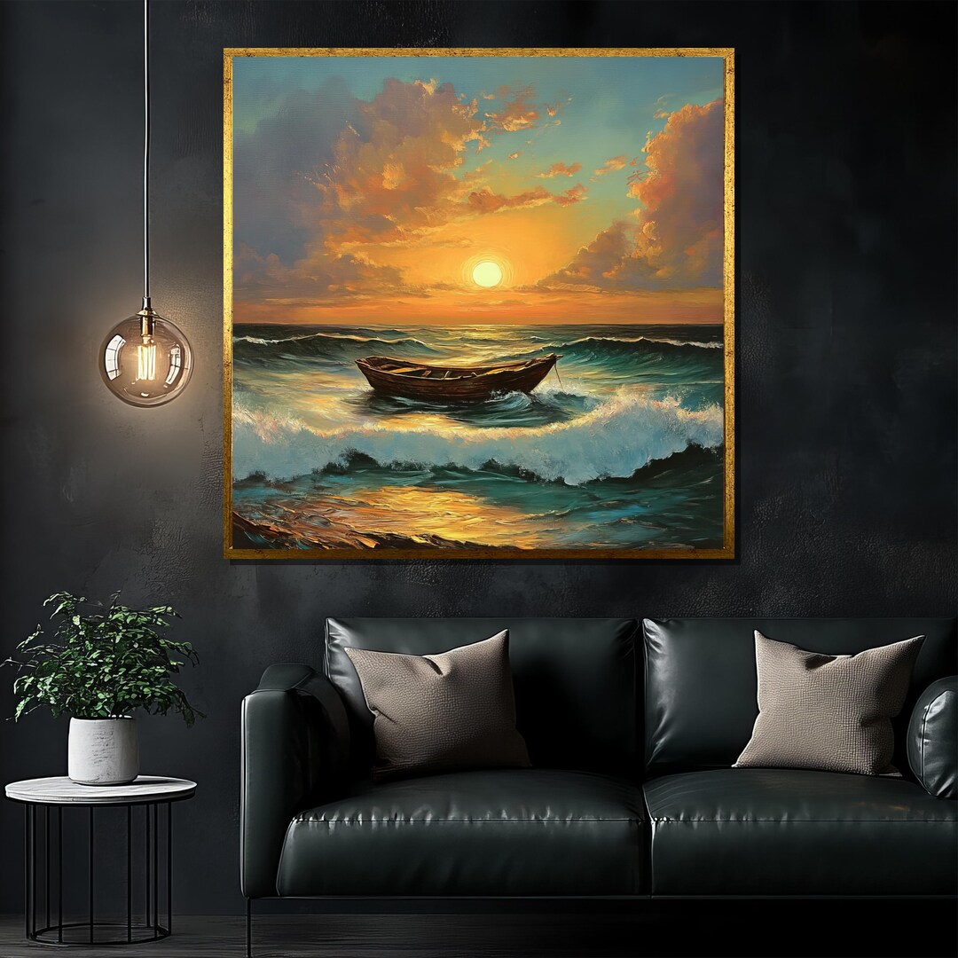 Sunset Ocean Boat Canvas Painting, Seascape Wall Art, Nautical Beach ...