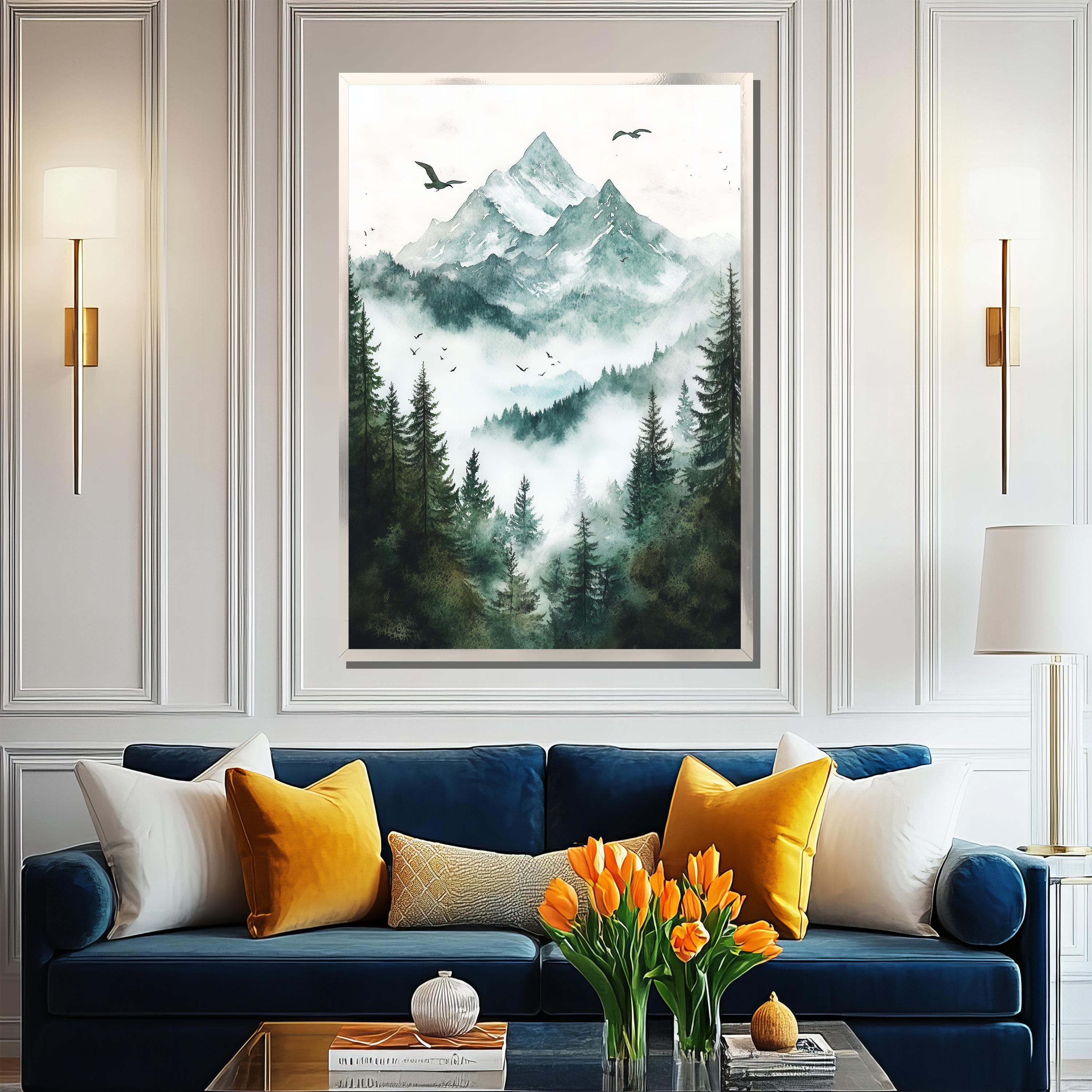Mountain Mist Canvas Painting, Nature Wall Art, Foggy Forest Art Print ...