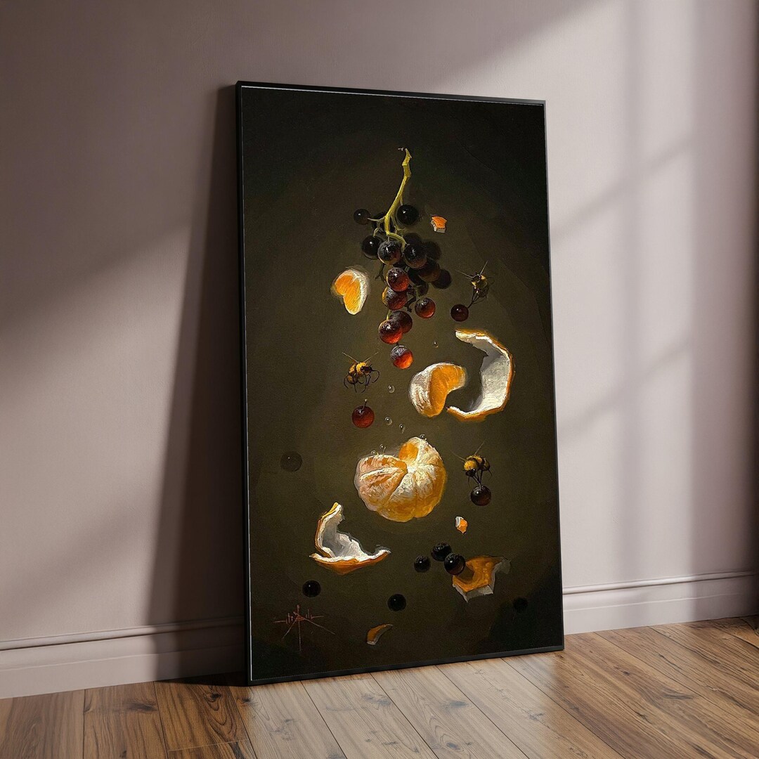 Floating Fruit Canvas Painting, Realistic Tangerine and Grape Wall Art ...