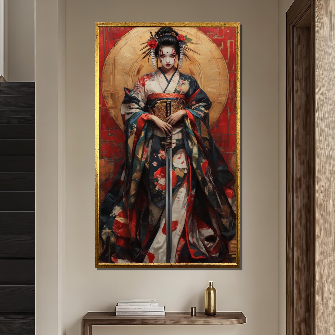 Samurai Geisha Canvas Painting, Japanese Kimono Wall Art, Red and Gold ...