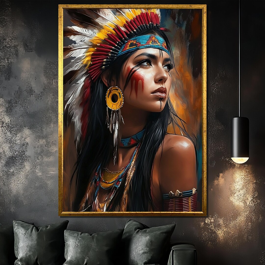 Native American Woman Canvas Painting, Tribal Headdress Art, Cultural ...