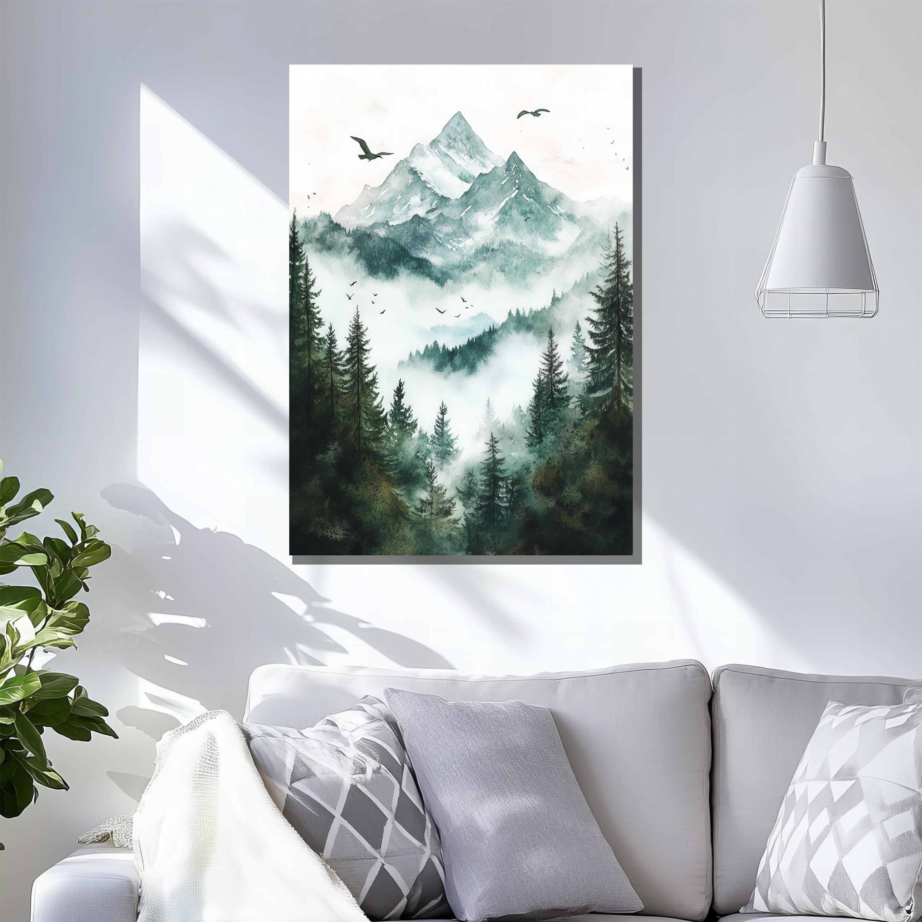 Mountain Mist Canvas Painting, Nature Wall Art, Foggy Forest Art Print ...