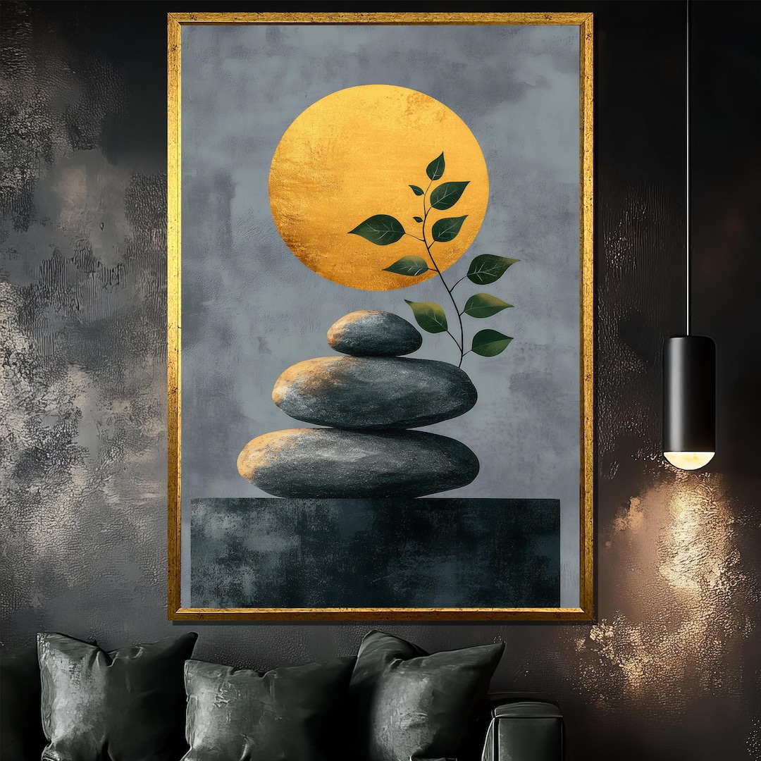 Golden Sun and Zen Stones Canvas Painting, Minimalist Nature Wall Art ...