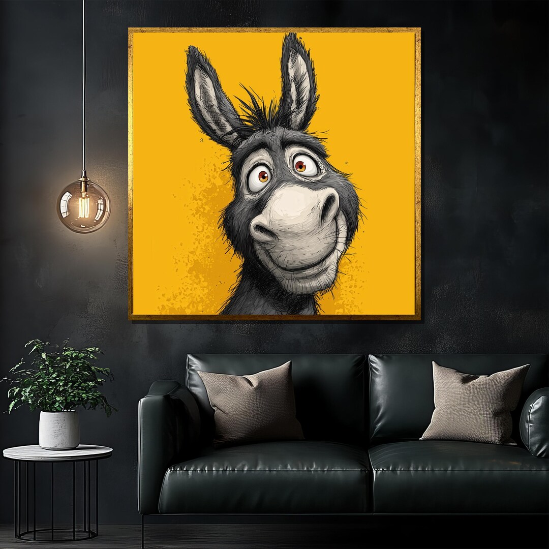 Funny Donkey Canvas Painting, Cartoon Farm Animal Wall Art With Yellow ...