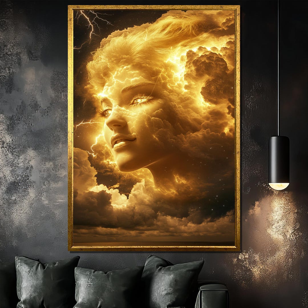Surreal Woman Face in Clouds, Lightning Storm Canvas Painting, Fantasy ...