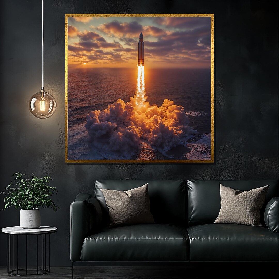 Rocket Launch Canvas Painting, Space Exploration Wall Art, Ocean Sunset ...
