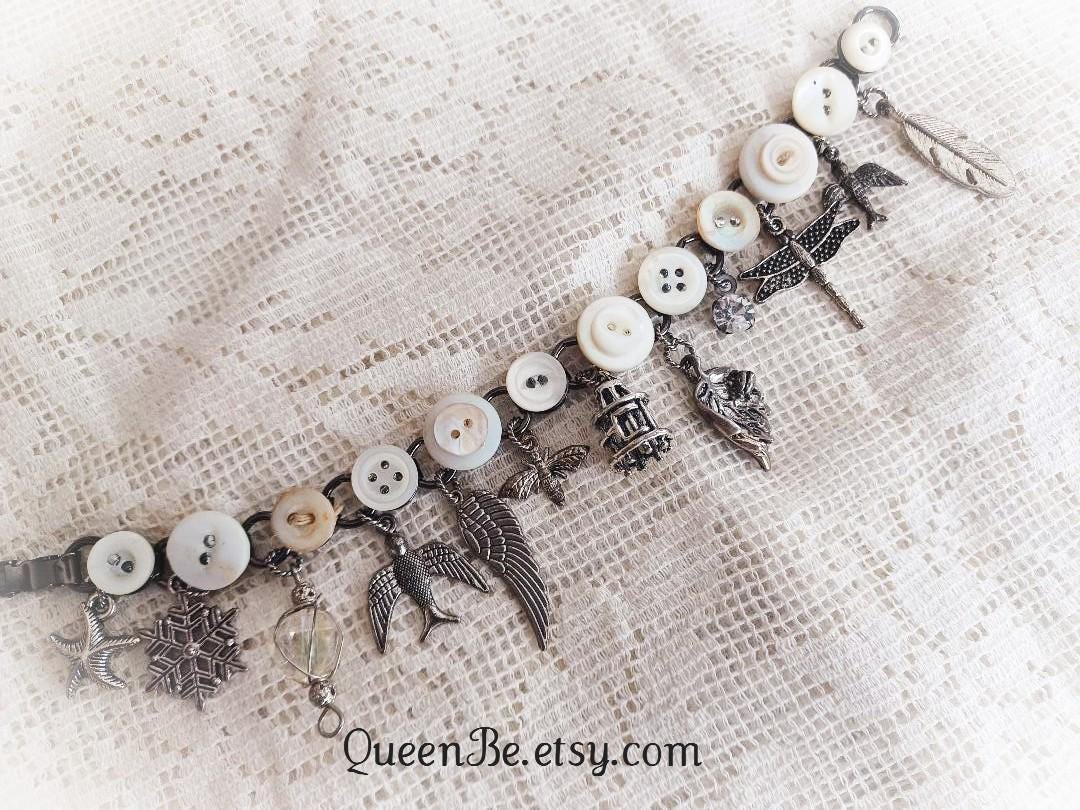 Vintage Style Button Charm Bracelet Antique Buttons Silver Nature Charm ...