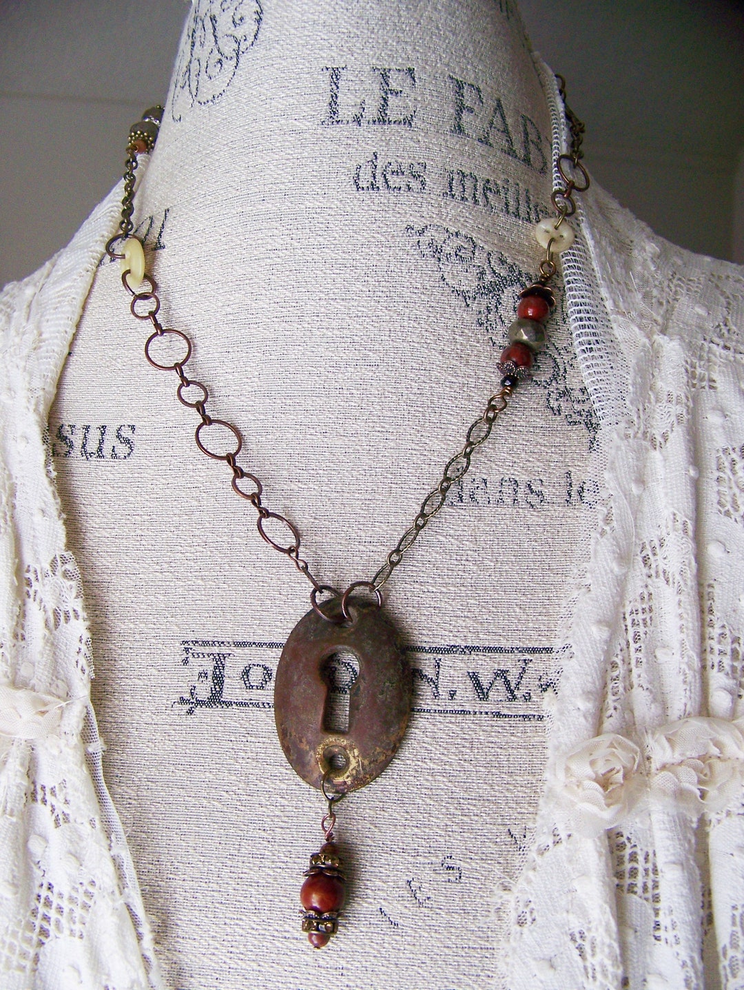Beaded Gypsy Necklace Antique Escutcheon Necklace Antique Keyhole Wire ...