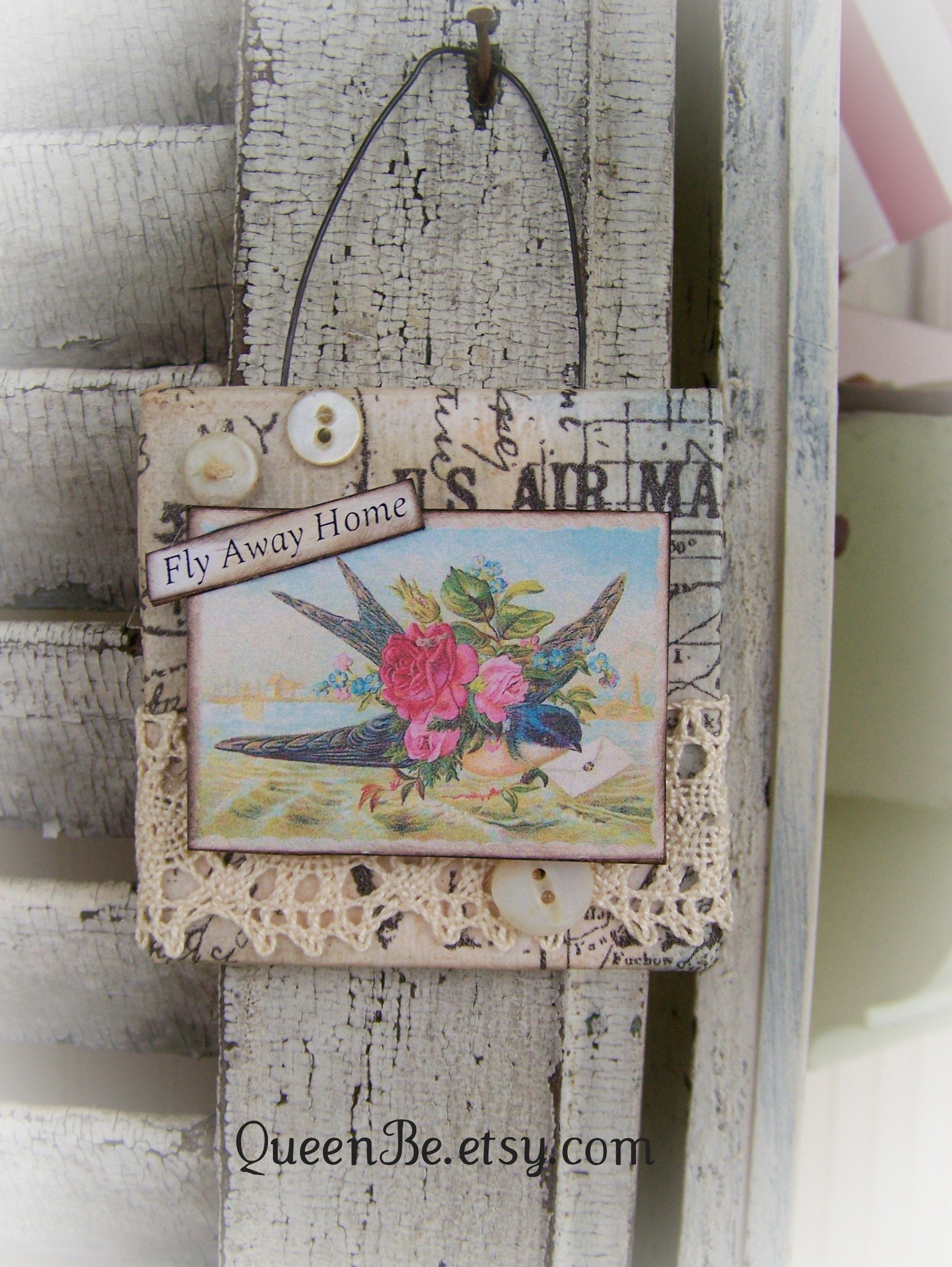 Original Mini Collage Vintage Bird Ornament Altered Mixed Media Vintage ...