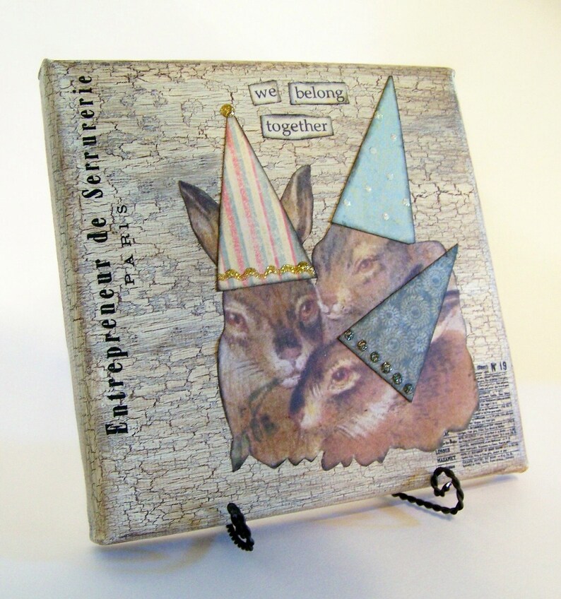 Handmade Canvas Collage Vintage Decor Vintage Rabbit Collage Original ...