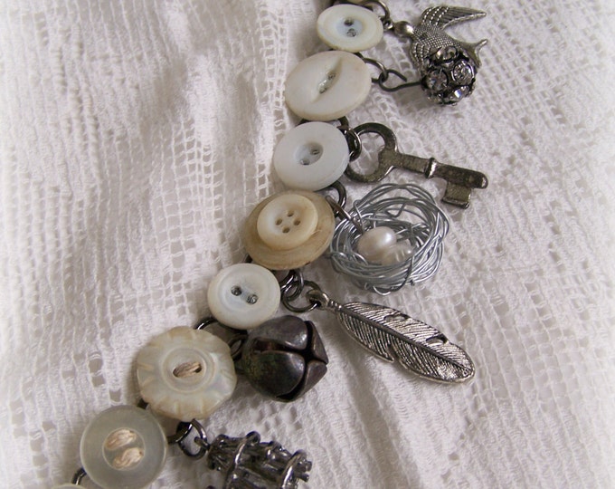 Handmade Button Charm Bracelet Vintage Button Bracelet Altered Charm ...
