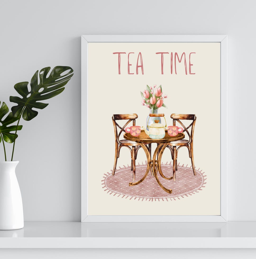 Minimal Tea Time Poster, A3 Watercolor Tea Set Picture, Cozy Wooden ...