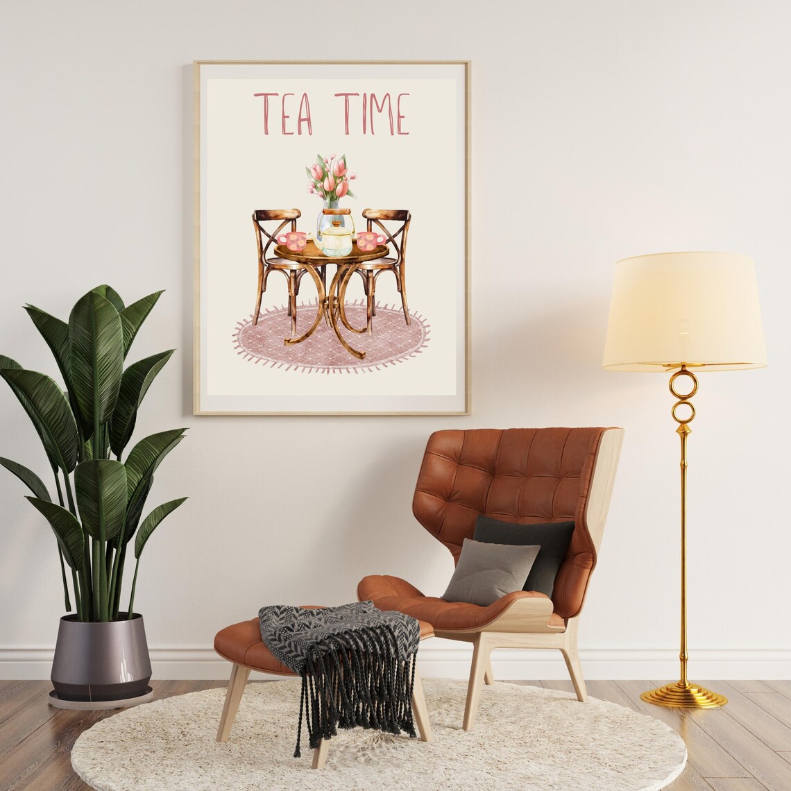 Minimal Tea Time Poster, A3 Watercolor Tea Set Picture, Cozy Wooden ...