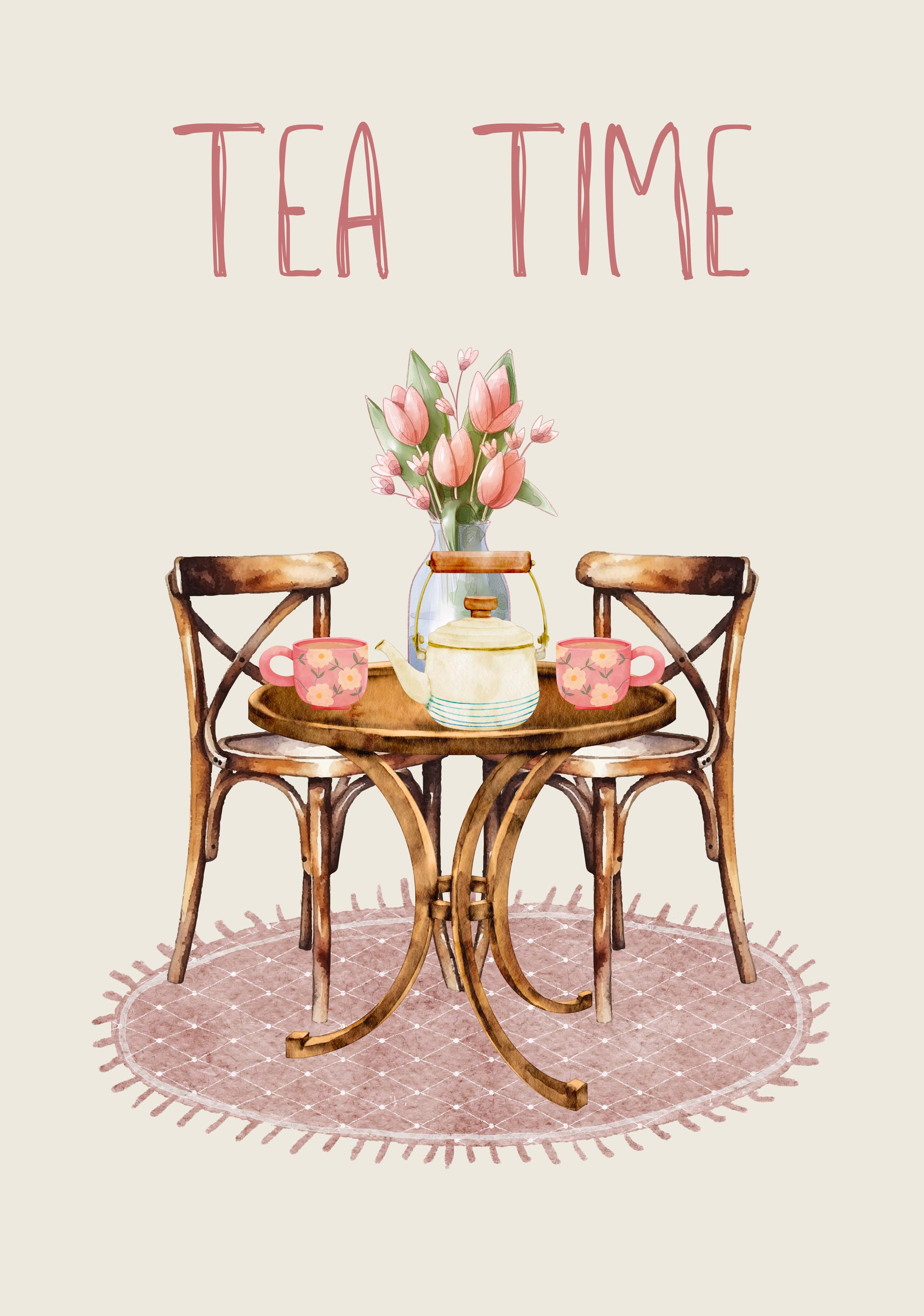 Minimal Tea Time Poster, A3 Watercolor Tea Set Picture, Cozy Wooden ...