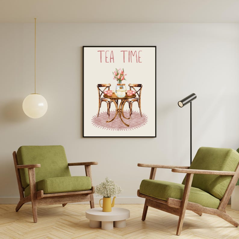 Minimal Tea Time Poster, A3 Watercolor Tea Set Picture, Cozy Wooden ...
