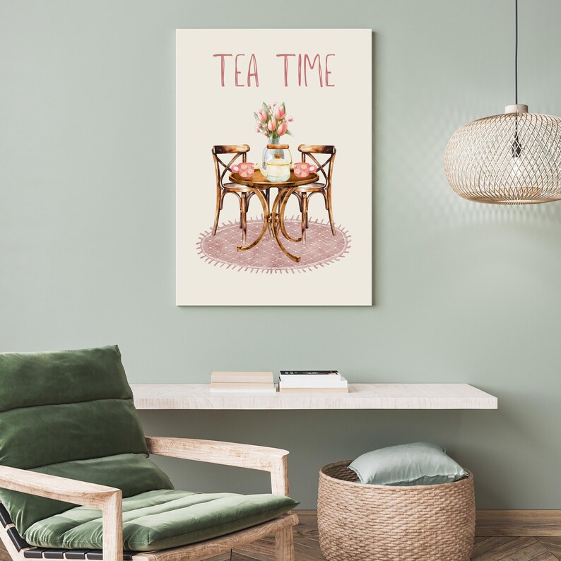 Minimal Tea Time Poster, A3 Watercolor Tea Set Picture, Cozy Wooden ...