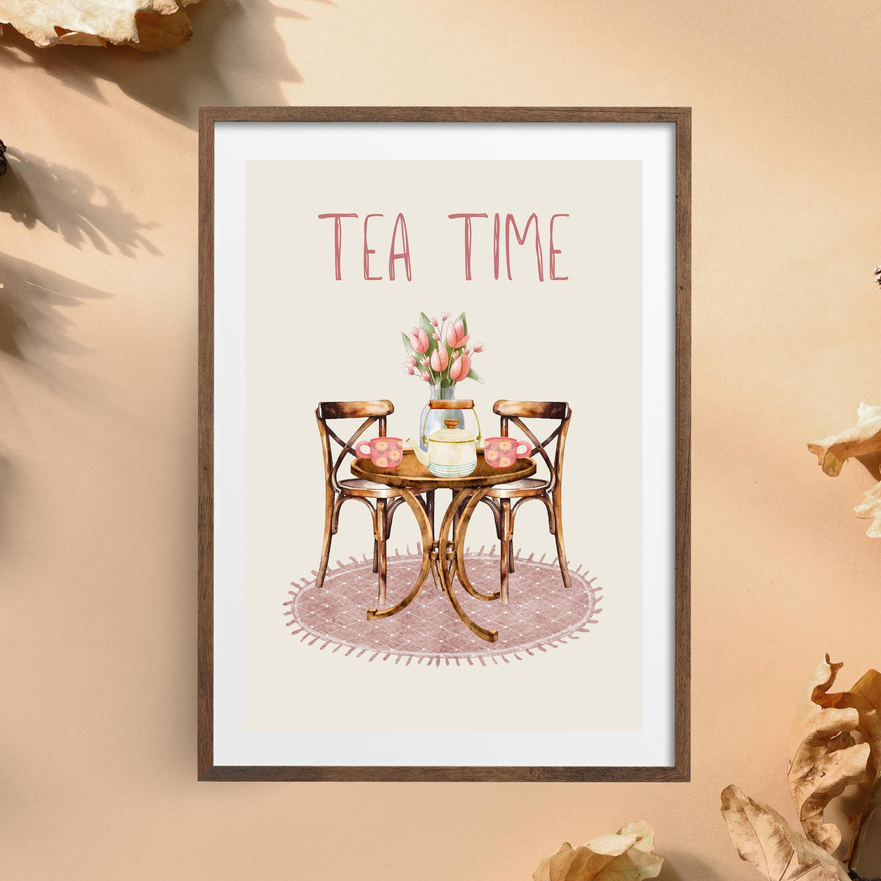 Minimal Tea Time Poster, A3 Watercolor Tea Set Picture, Cozy Wooden ...