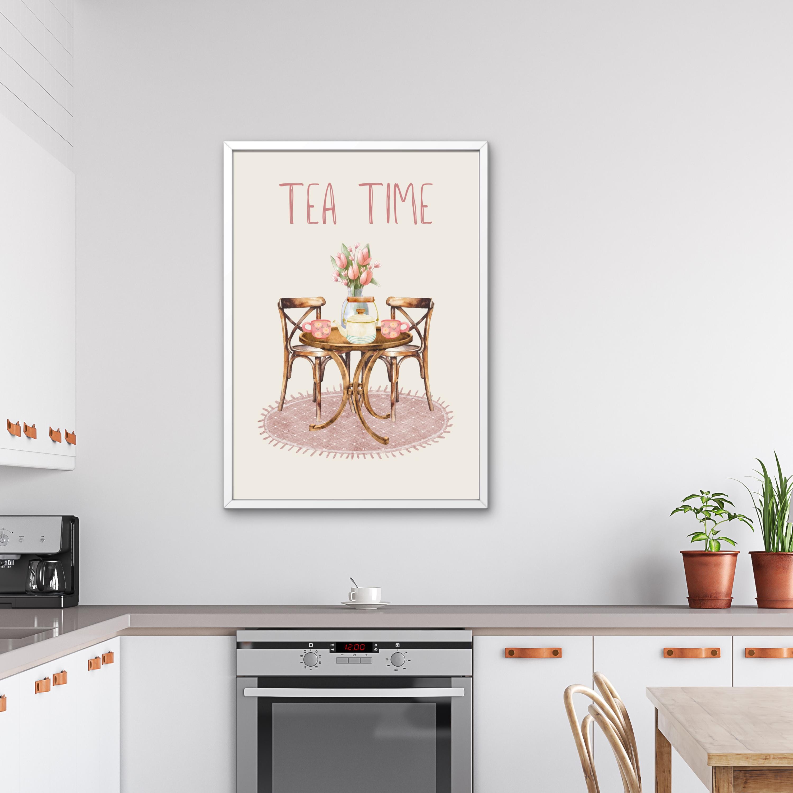 Minimal Tea Time Poster, A3 Watercolor Tea Set Picture, Cozy Wooden ...