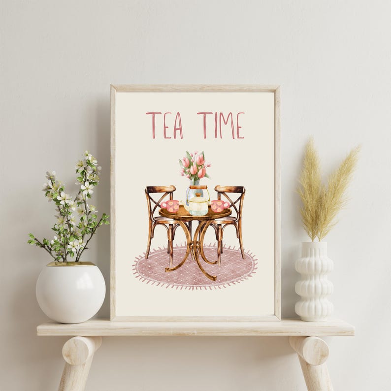 Minimal Tea Time Poster, A3 Watercolor Tea Set Picture, Cozy Wooden ...