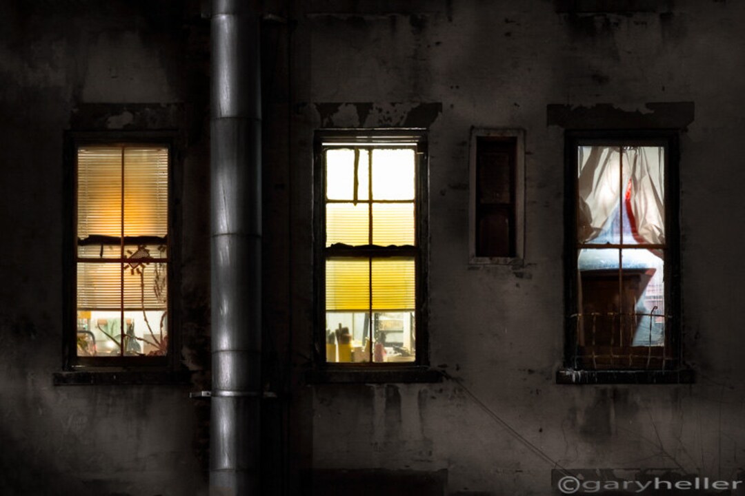 Three Windows and Pipe, Lighted Windows at Night in NYC, Fine Art ...