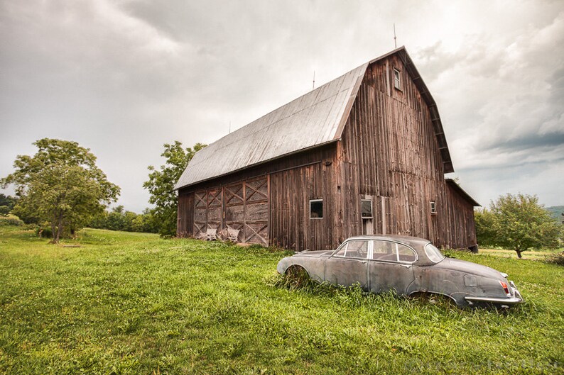 Old Car and Barn Photograph, Vintage Jaguar, Brown Barn, Rustic ...