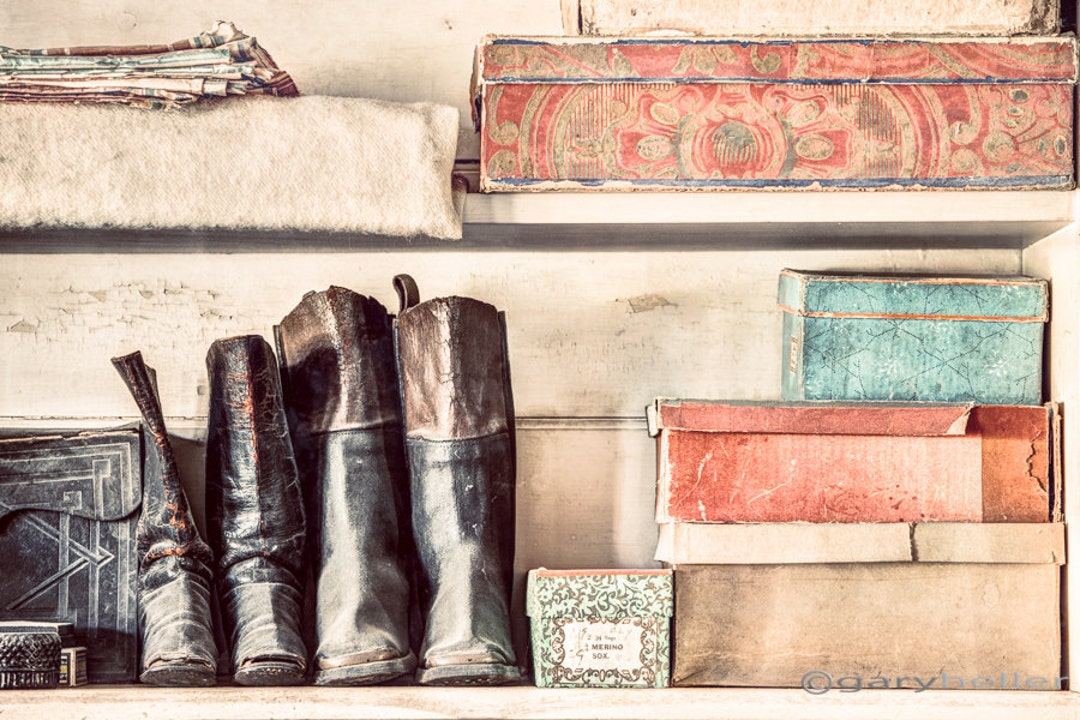 Old Boots and Boxes in a 19th Century General Store, Art Print, Old ...