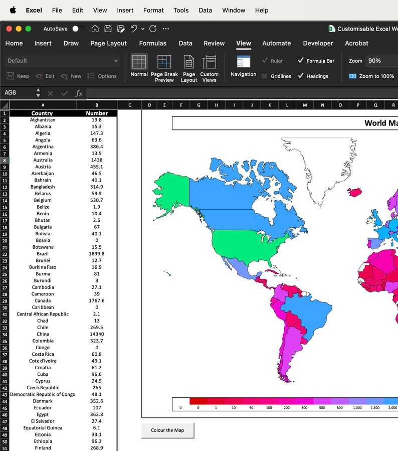 Customisable Excel World Map Template - Dynamic Colour Scales & Data ...