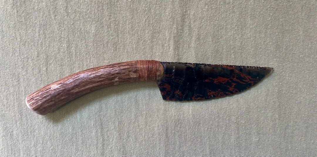 Obsidian Knife - Mahogany Blade Hafted to Antler Handle / Flint Knapped ...