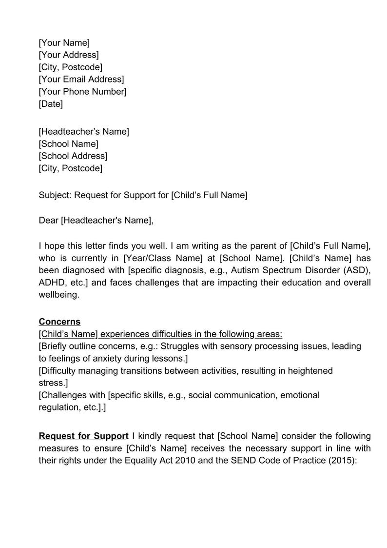 Editable Letter Template for Schools Support for Autism, ADHD, SEND ...