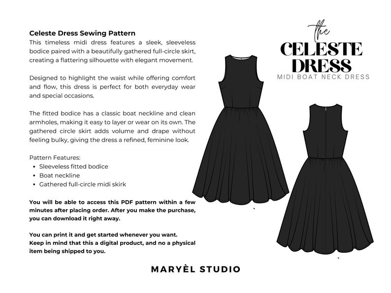 Midi Dress Sewing Pattern | Sleeveless Boat Neck Dress | Gathered Full ...