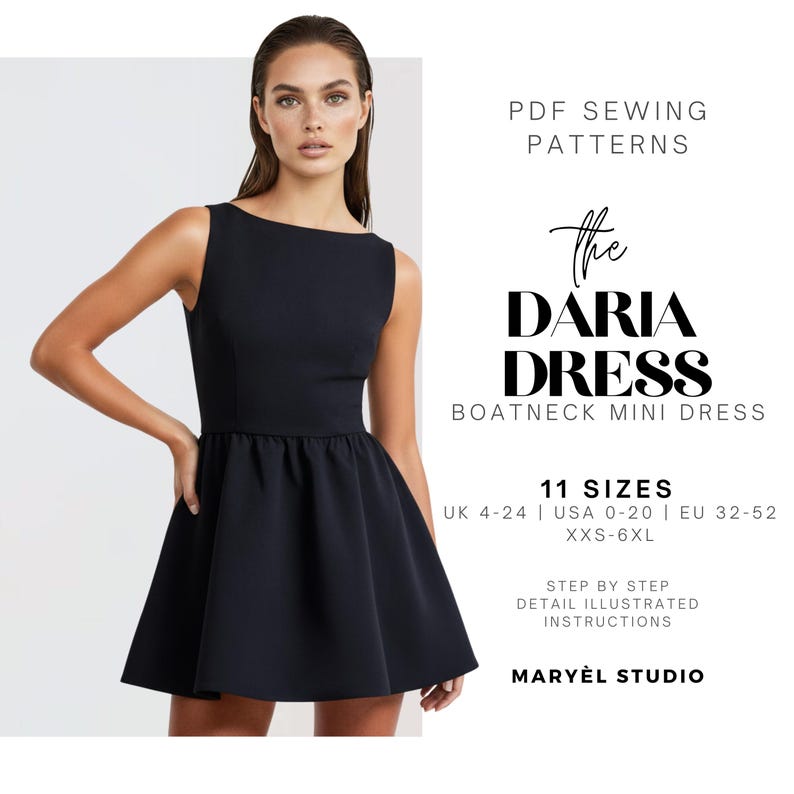 Boat Neck Mini Dress Sewing Pattern • Easy Mini Dress - Gathered Half ...