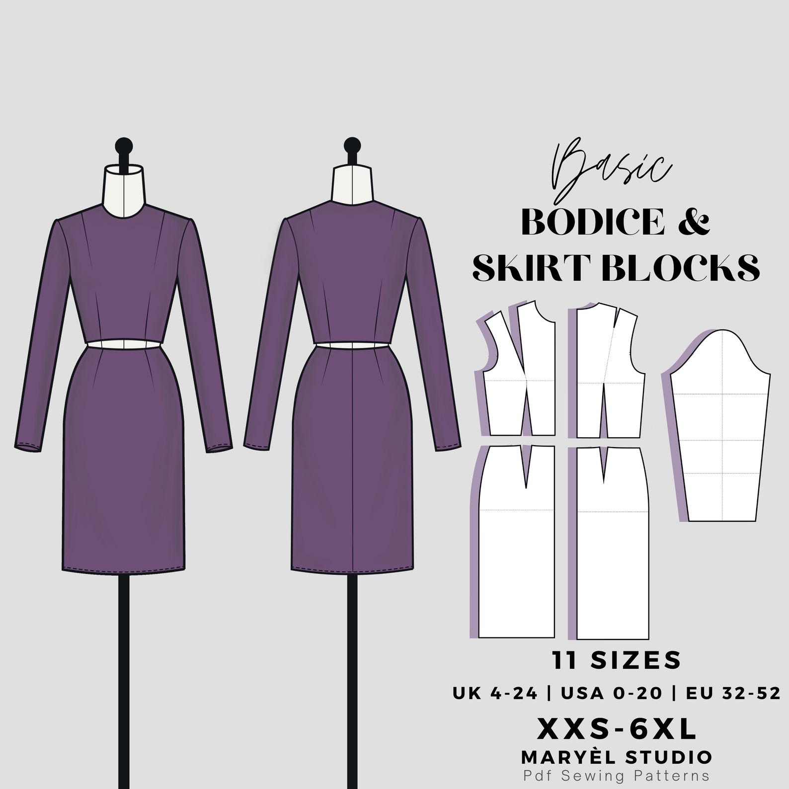 Bodice & Skirt Block Sewing Pattern: US 0-20 (PDF Digital Pattern) - Etsy