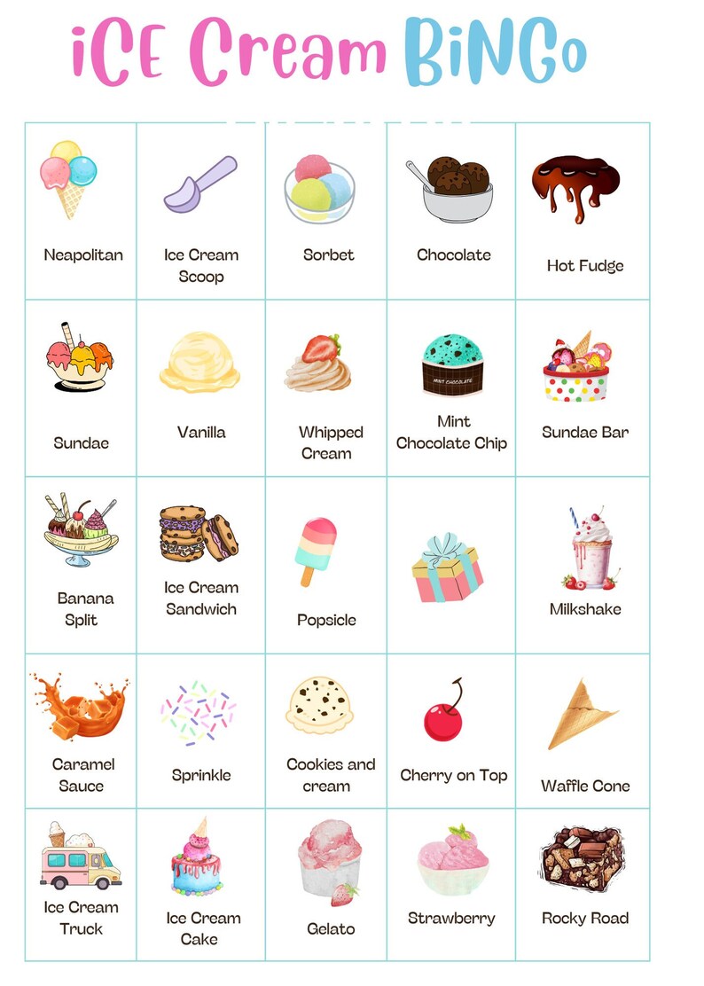 Ice Cream Bingo, 30 Printable Ice Cream Bingo Cards, Party Game, Ice ...