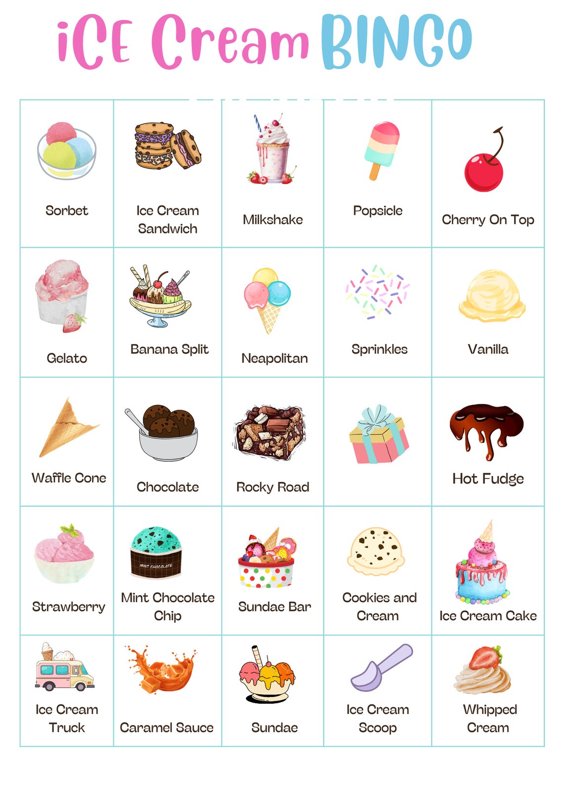 Ice Cream Bingo, 30 Printable Ice Cream Bingo Cards, Party Game, Ice ...
