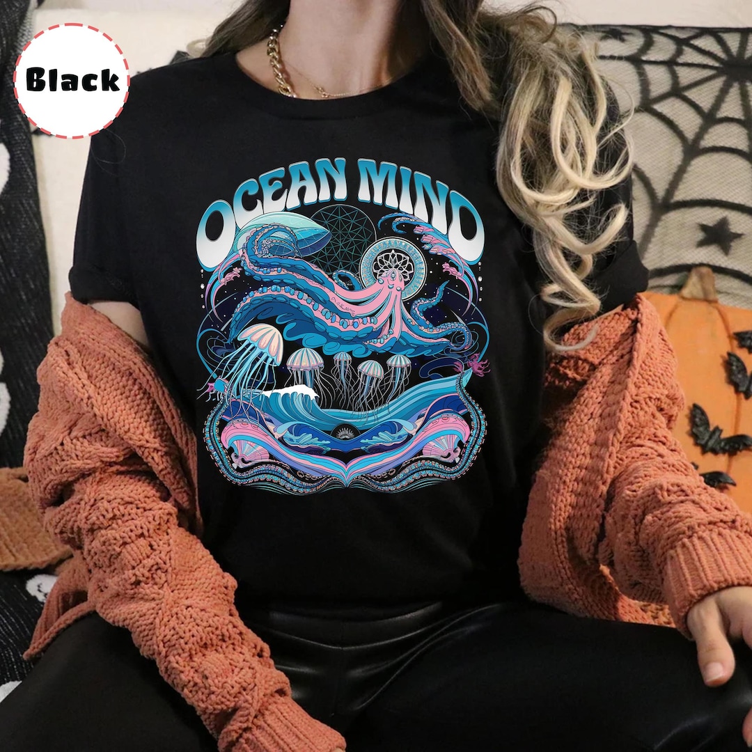 Ocean Mind Deep Sea T-shirt, Pink Blue Jellyfish Tee, Marine Life Art ...