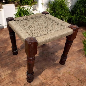 Handwoven Charpai Bench & Stool – Rustic Indian Jute Cord Stool, Boho ...