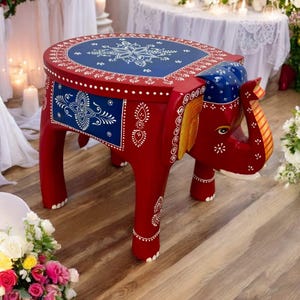 Handcrafted Elephant Stool Side Table – Red Blue Accent - Etsy
