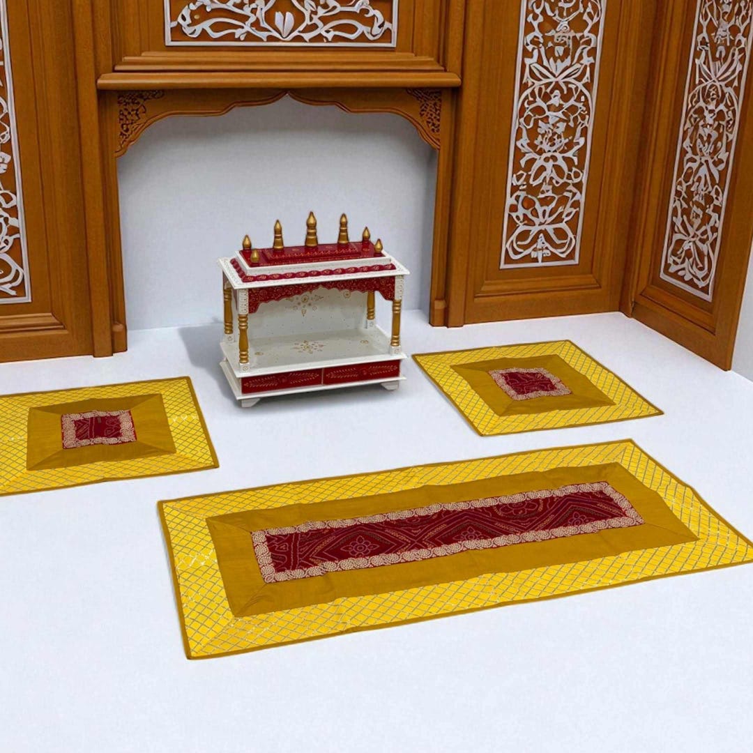Silk Brocade Pooja Aasan Set | Runner Mat 54x24 & Square Mats 24x24 ...