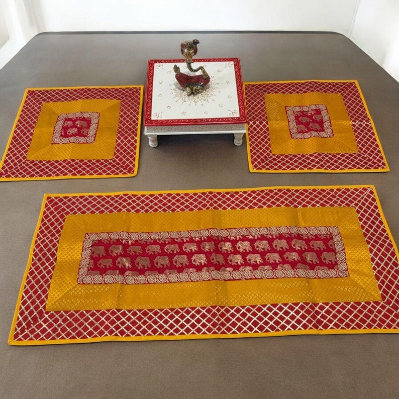 Silk Brocade Pooja Aasan Set | Runner Mat 54x24 & Square Mats 24x24 ...