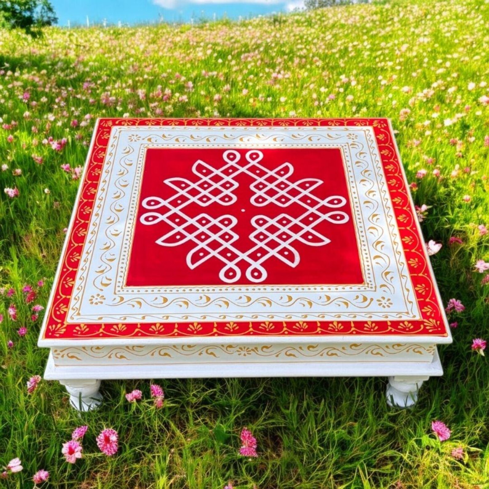 Kolam Design Wooden Pooja Chowki Bajot – 18x18x6.5 Inches White Red ...