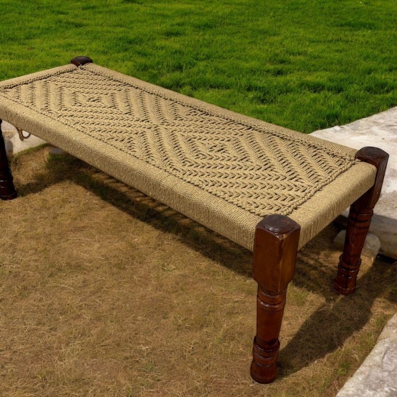 Handwoven Charpai Bench & Stool – Rustic Indian Jute Cord Stool, Boho ...