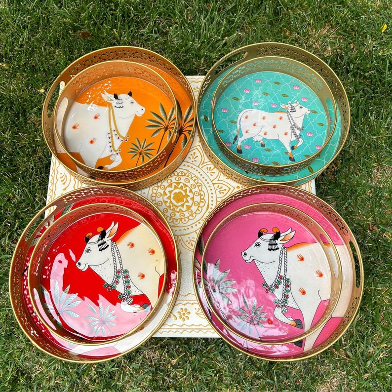 Set of 2 Pichwai Cow Metal Trays Nandi Cow Design Round Trays for Home ...