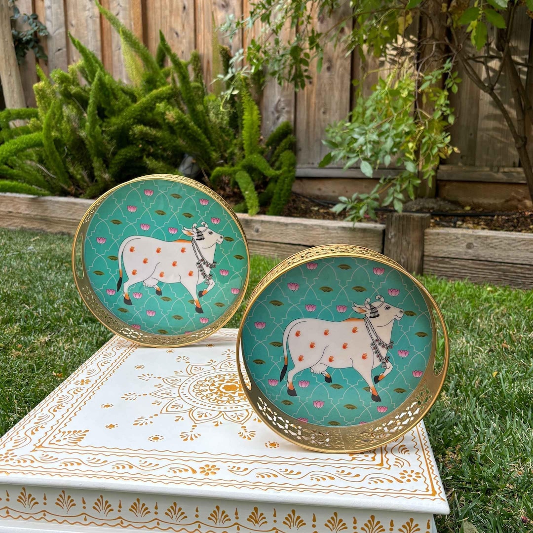 Pichwai Cow Print Metal Tray Set – Housewarming, Wedding Gift - Etsy