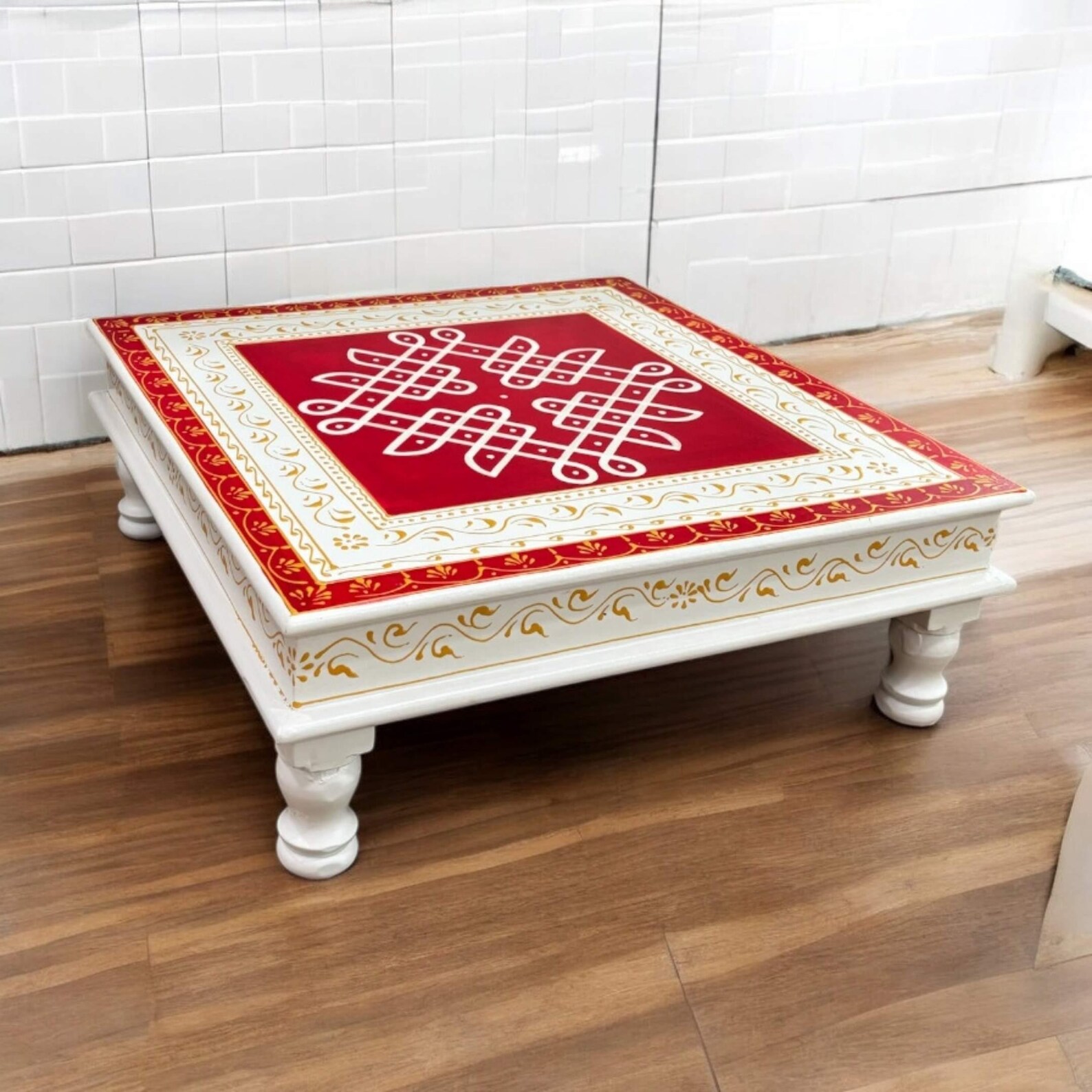 Kolam Design Wooden Pooja Chowki Bajot – 18x18x6.5 Inches White Red ...