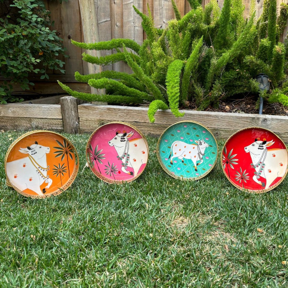 Set of 2 Pichwai Cow Metal Trays Nandi Cow Design Round Trays for Home ...