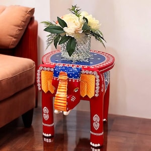 Handcrafted Elephant Stool Side Table – Red Blue Accent - Etsy