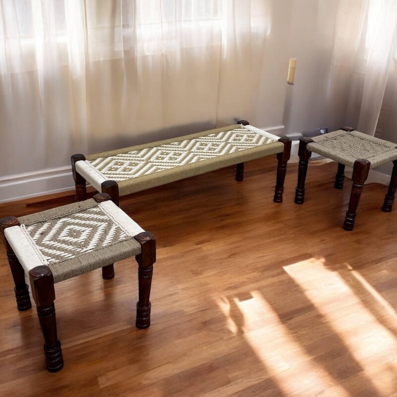 Handwoven Charpai Bench & Stool – Rustic Indian Jute Cord Stool, Boho ...