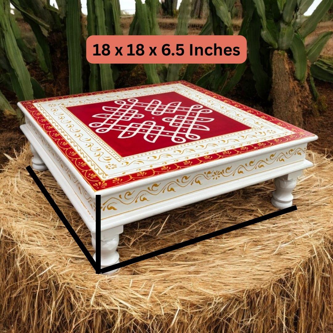 Kolam Design Wooden Pooja Chowki Bajot – 18x18x6.5 Inches White Red ...