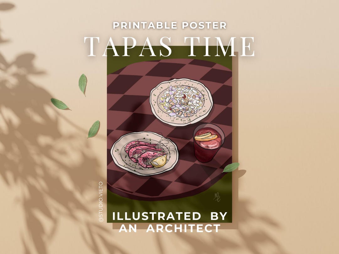 Spanish Tapas Art Print: Shrimp, Seafood & Tinto De Verano (digital ...